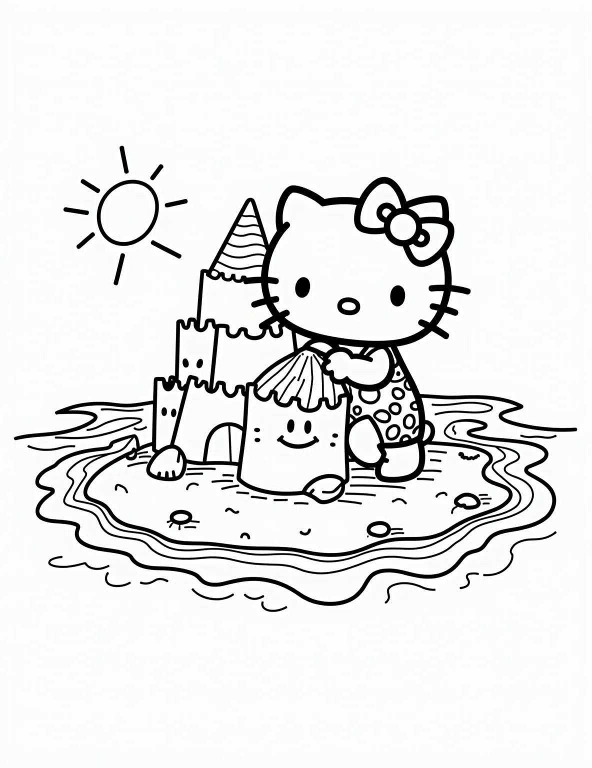 Coloring page of "Hello kitty in a cute swimsuit building a sandcastle ...