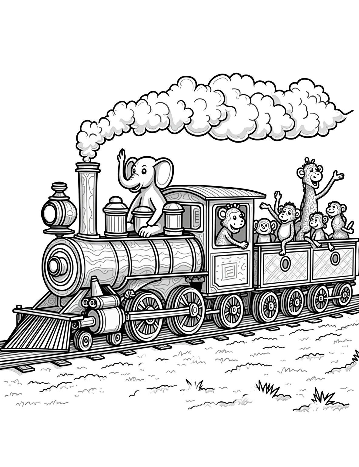 Coloring page of "A train full of animals going on an adventure ...