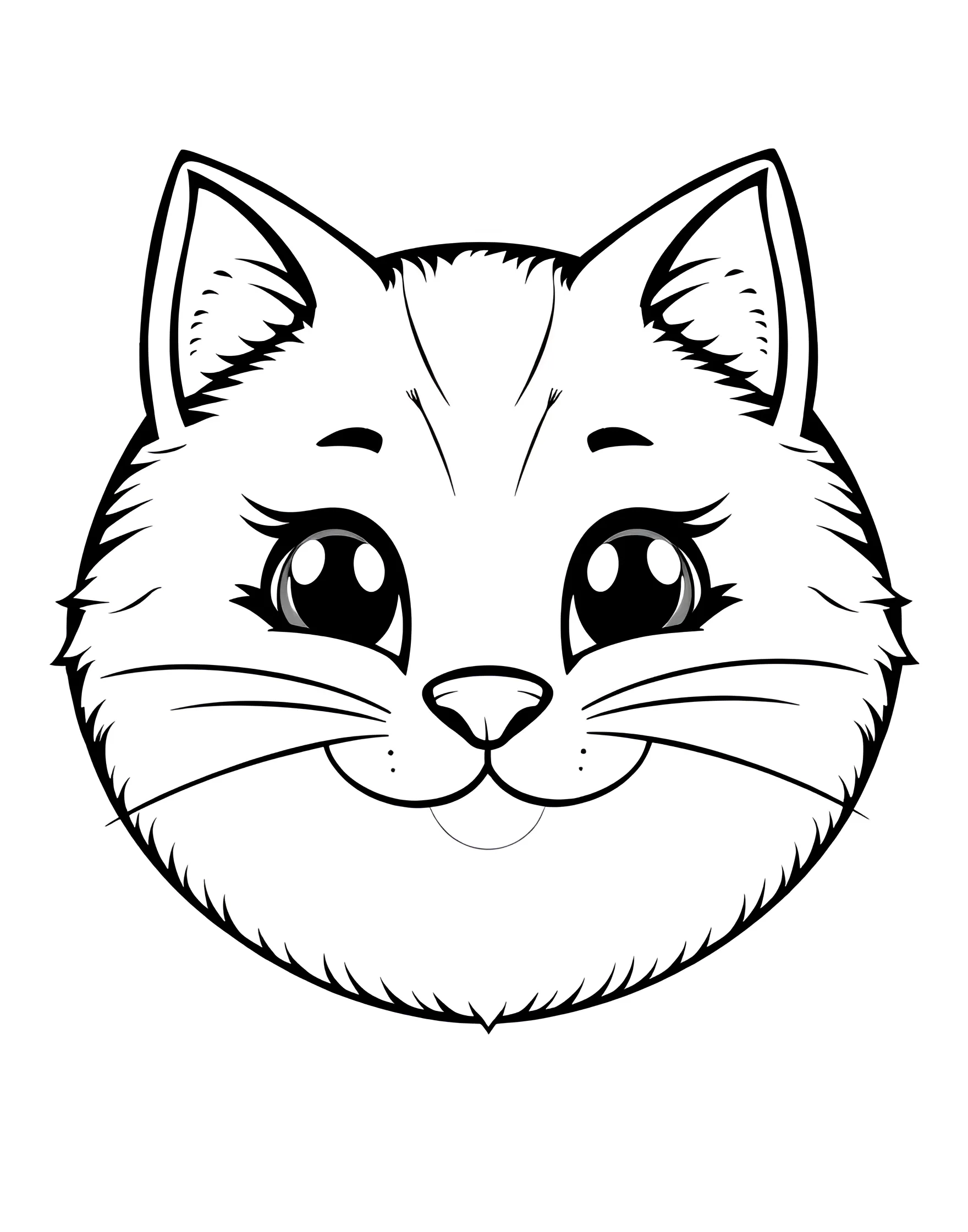 Coloring page of "A round cat face emoji with pointy ears, heart-shaped ...